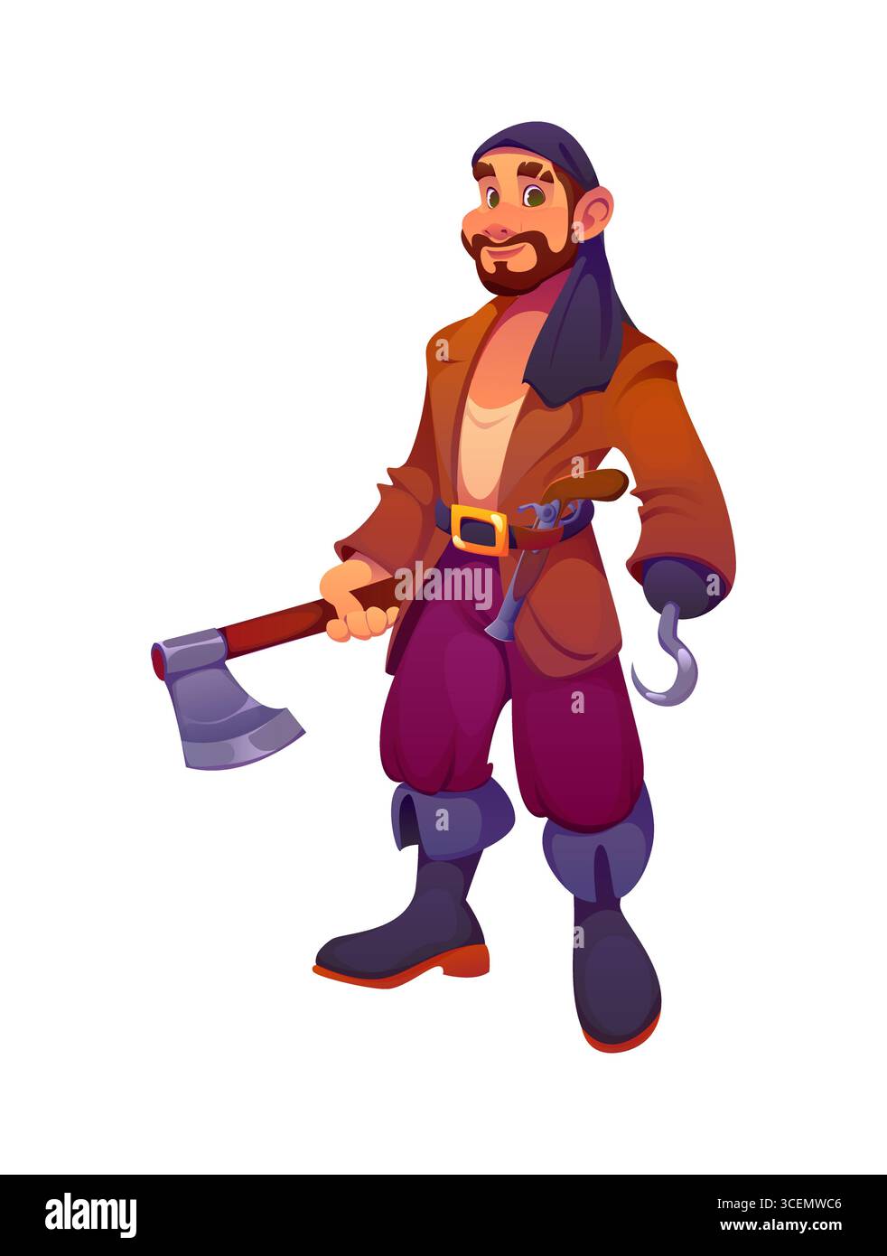 Cartoon pirate ship crew character holding an axe with a hook hand ...