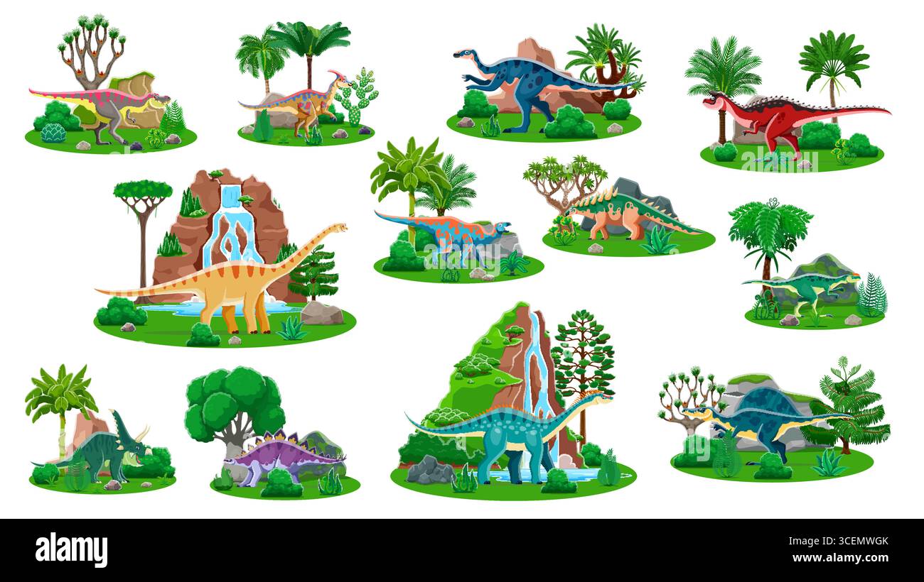 Cartoon dinosaurs and dino animals characters with prehistoric ...