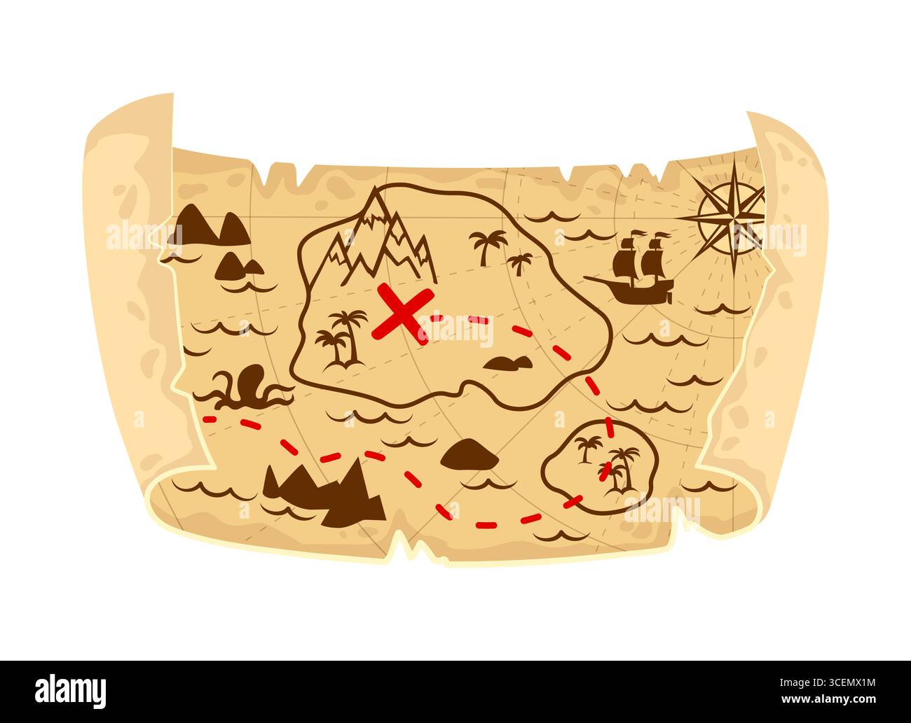 Old pirate treasure map. Cartoon vector vintage worn parchment with ...