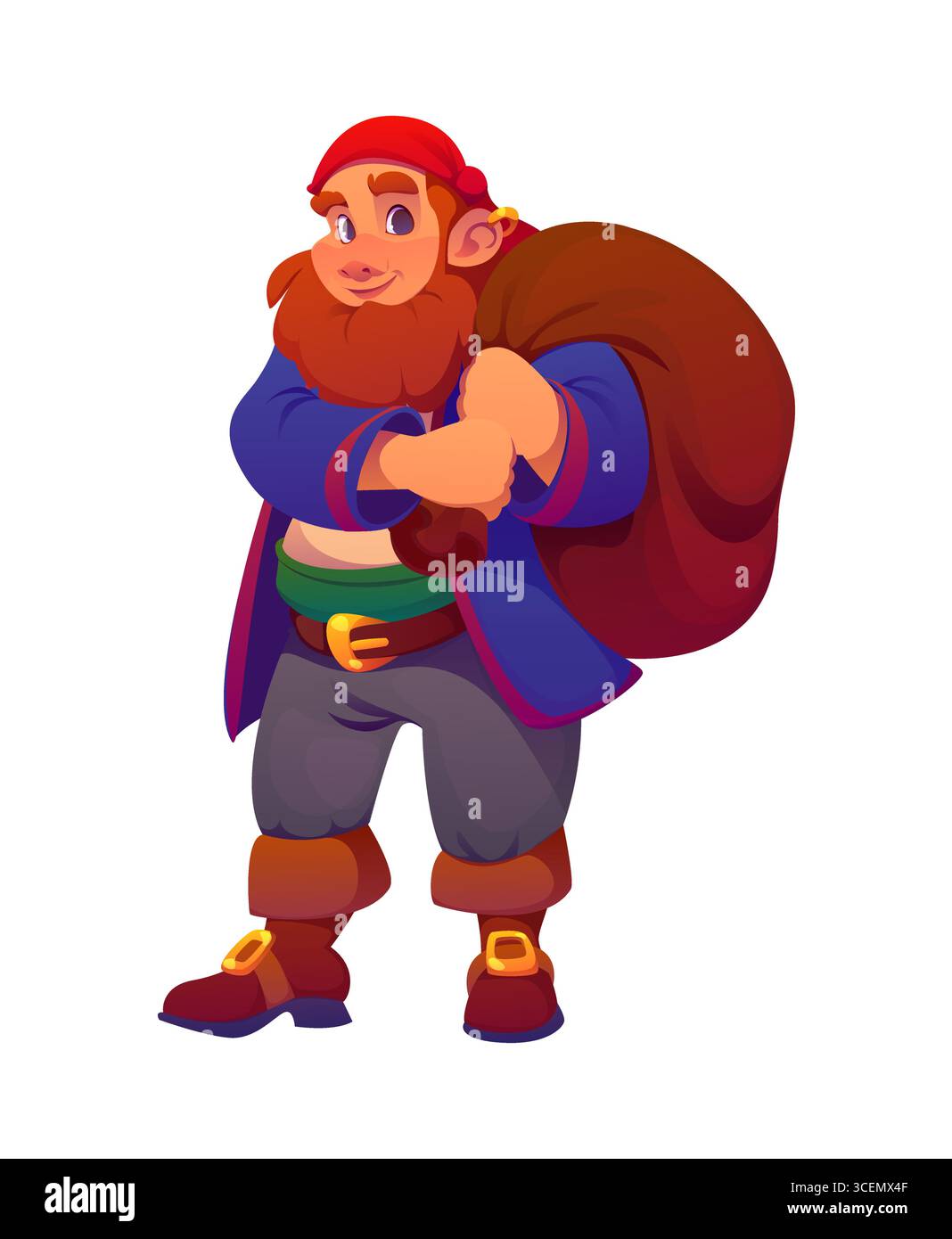 Cartoon pirate boatswain ship crew character holding bag of treasure ...