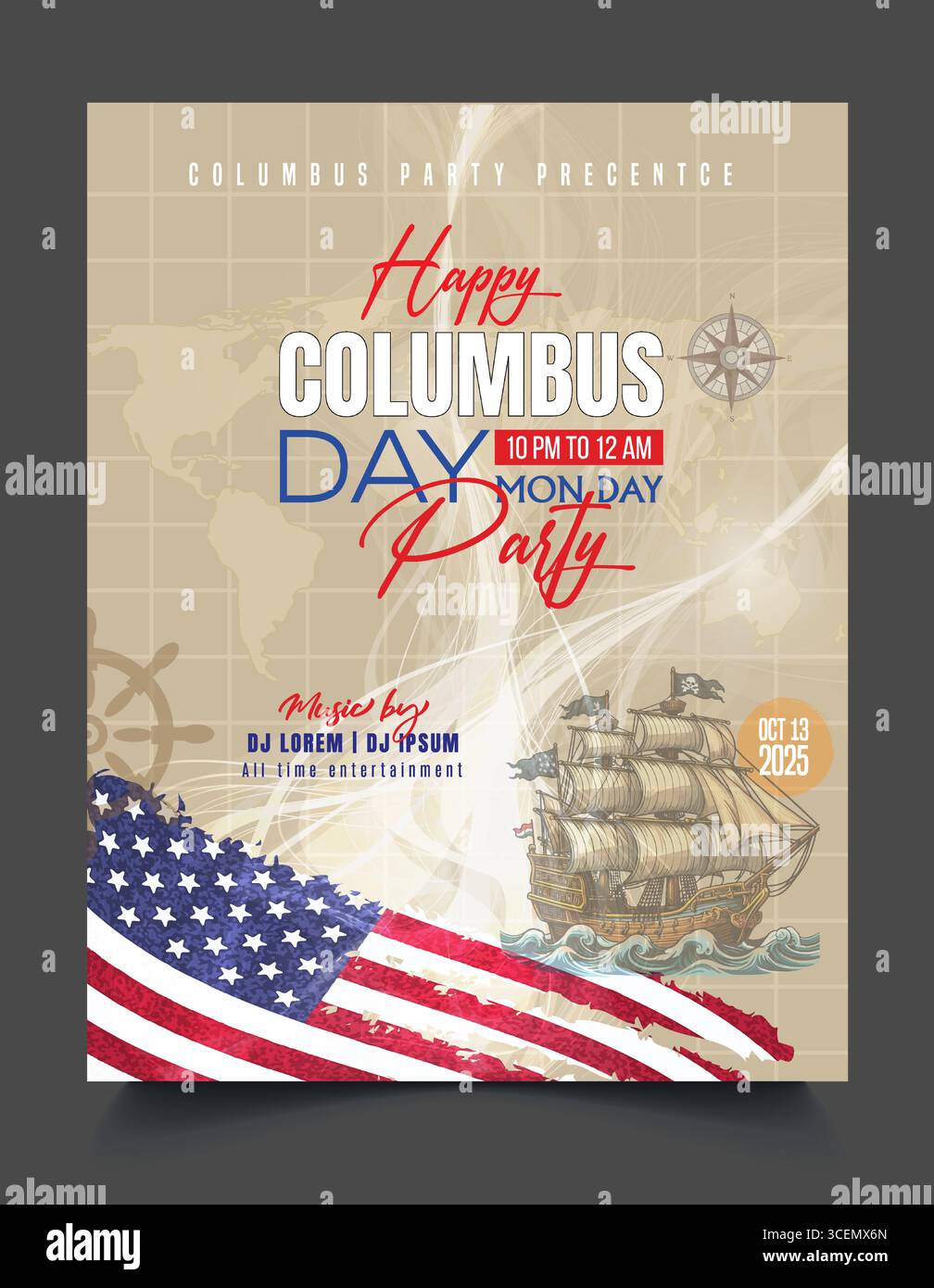 Happy Columbus Day Party Flyer Template Design, October 14th Poster ...