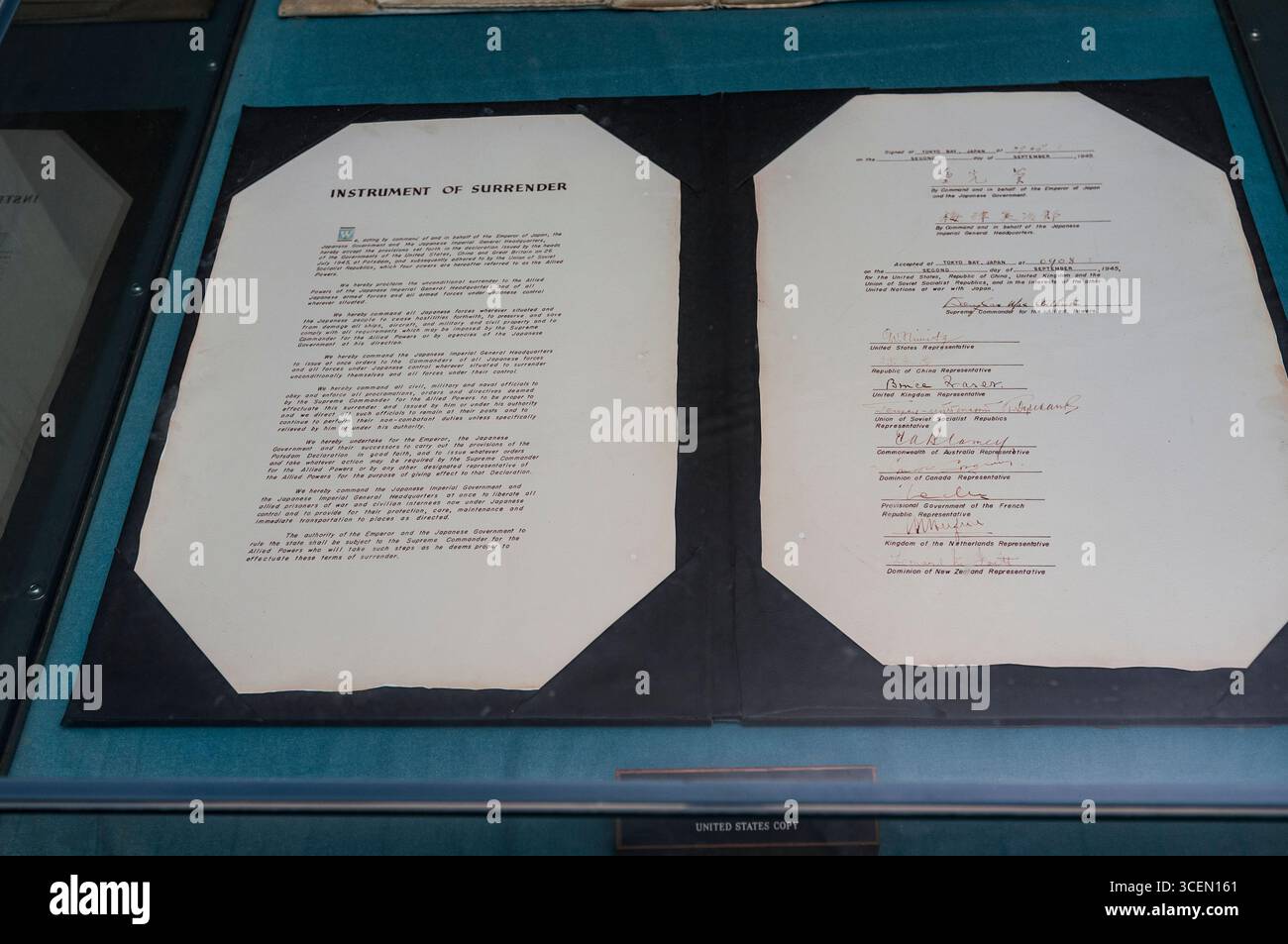 Copy of the Instrument of Surrender of Japan on display aboard the U.S ...