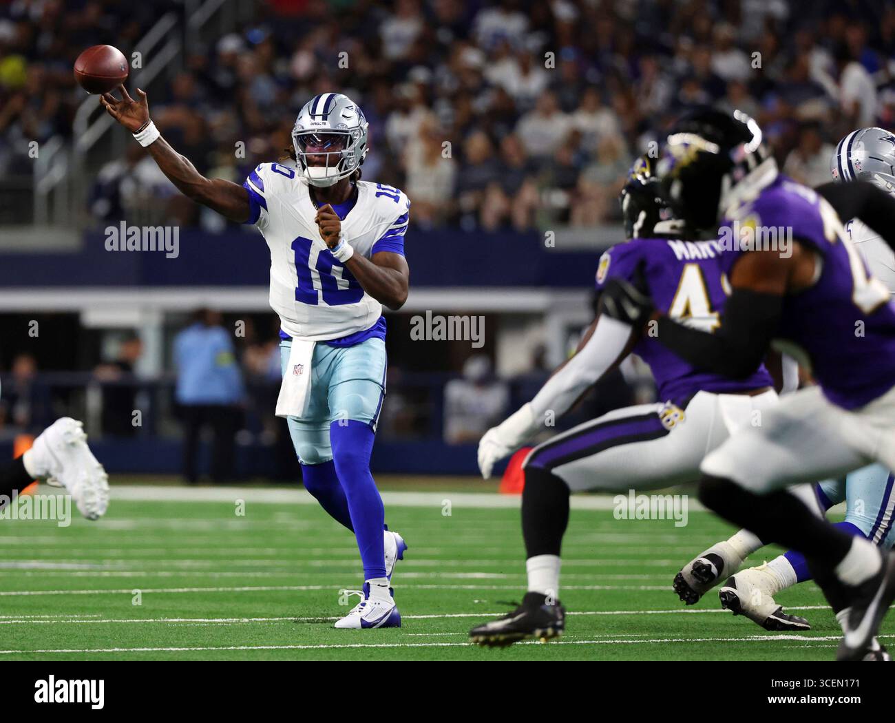 Dallas Cowboys quarterback Joe Milton III (10) throws a pass against ...