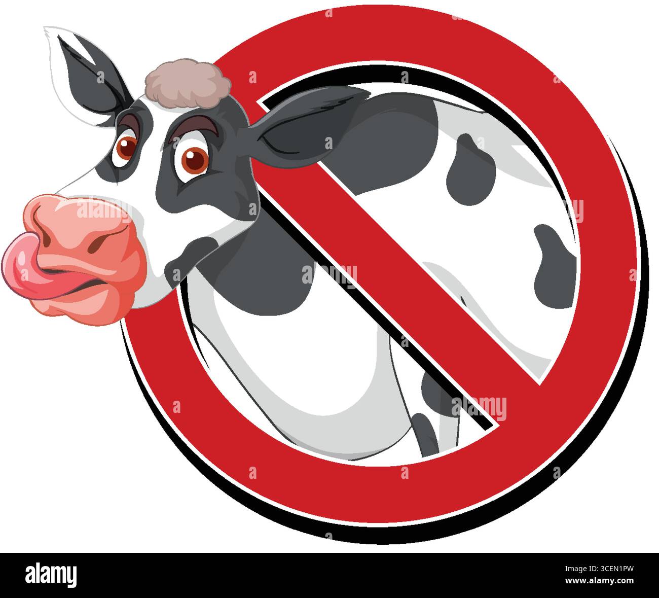 Cartoon Holstein cow with tongue out behind a red prohibition sign ...