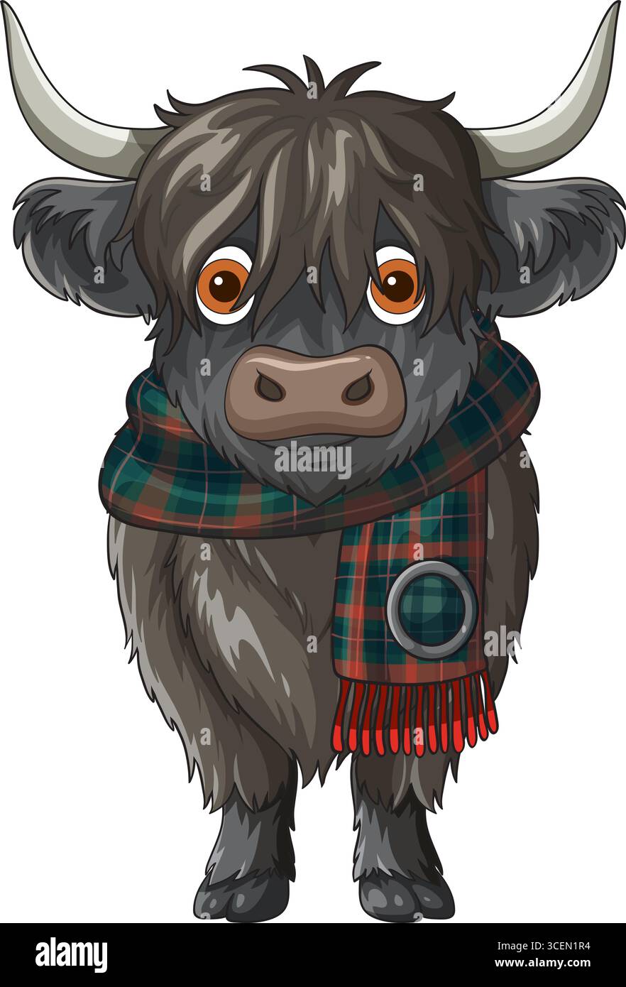 Vector illustration of a cute Highland cow with shaggy fur, large horns ...