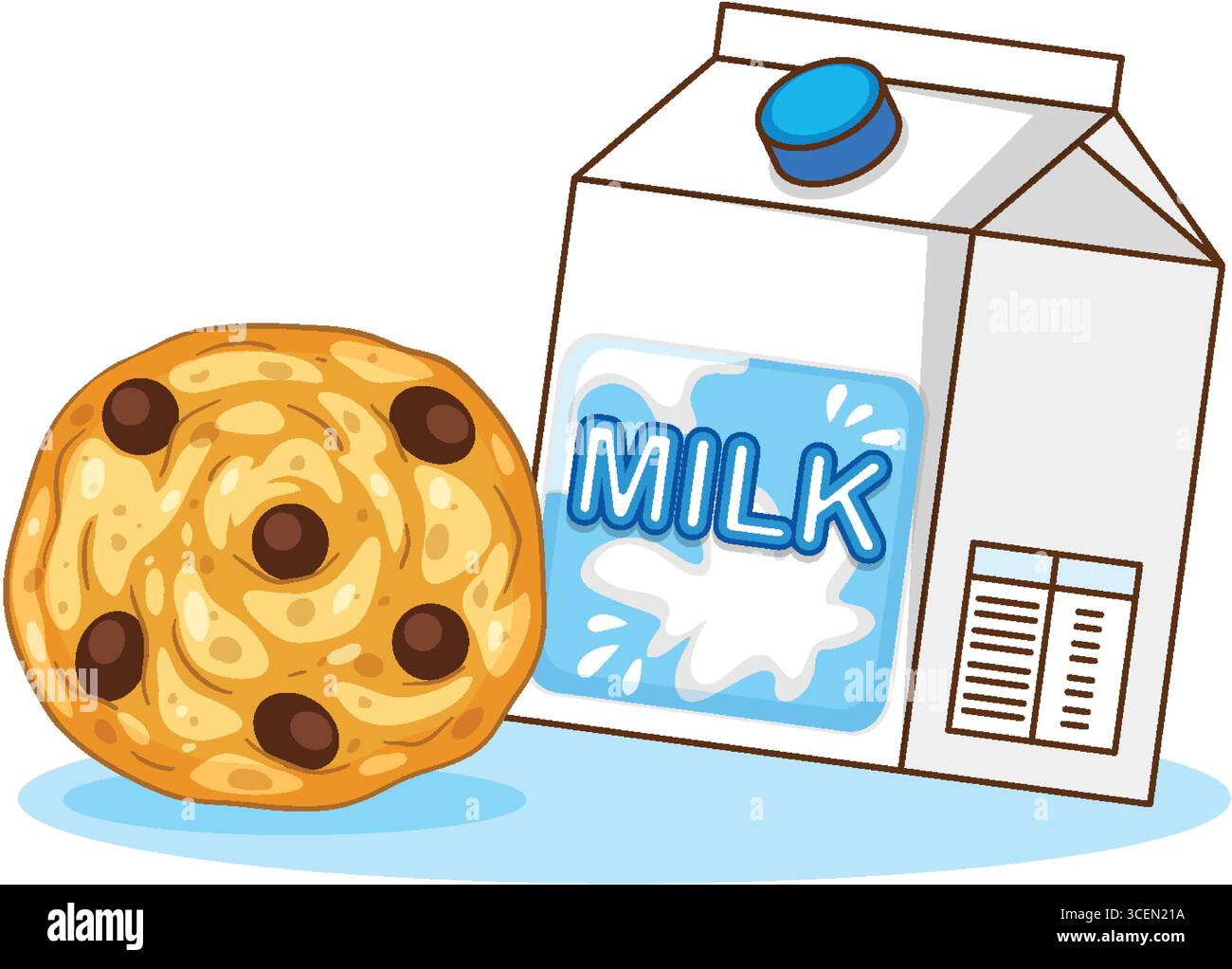 Bright vector illustration of a chocolate chip cookie beside a milk ...