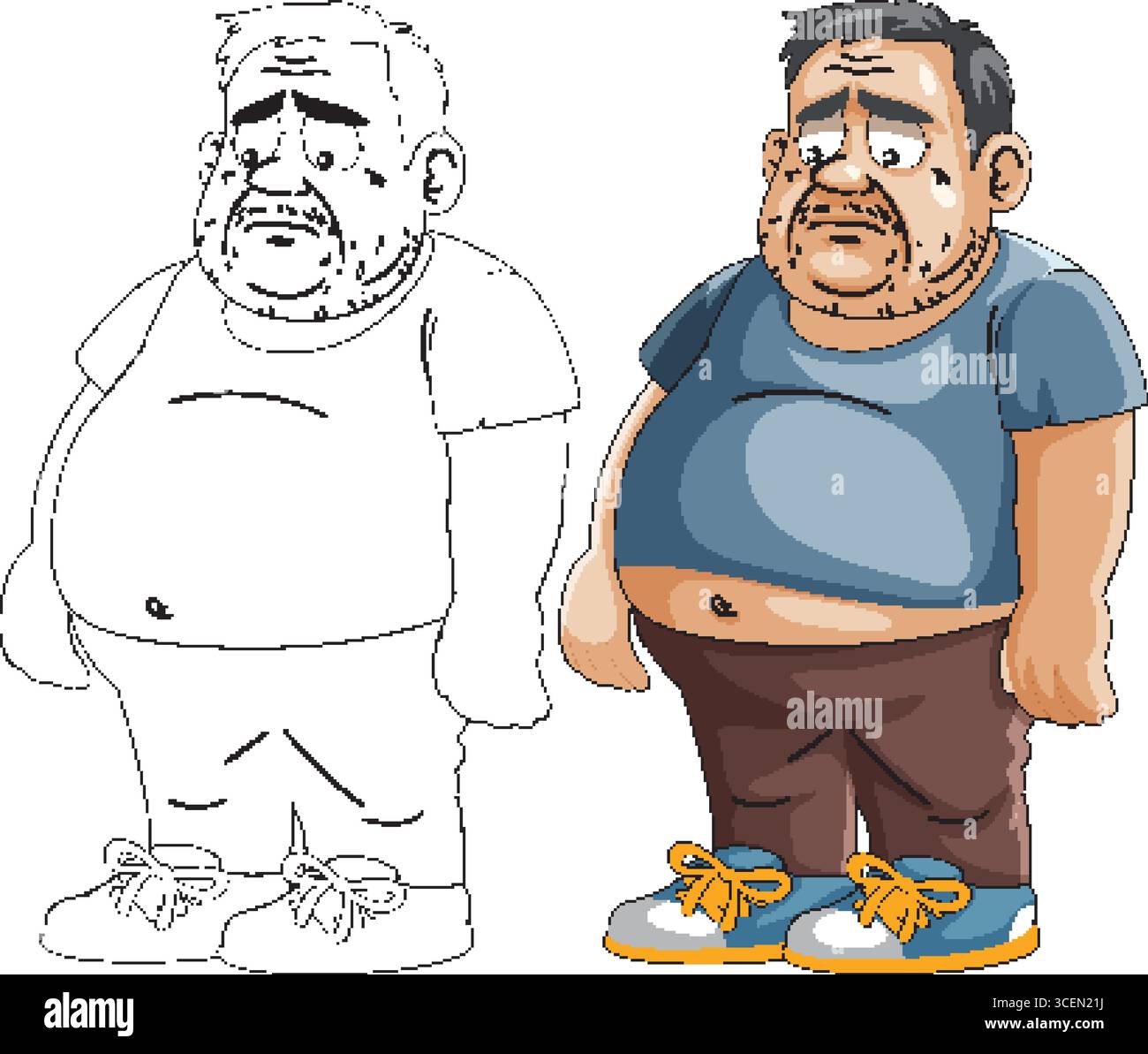 Vector illustration of a sad, overweight man in casual attire. Features detailed coloring and a ...