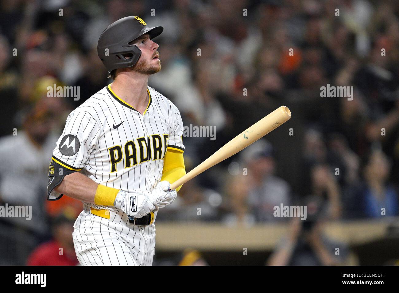 San Diego Padres' Ryan O'Hearn watches his two-run home run against the ...