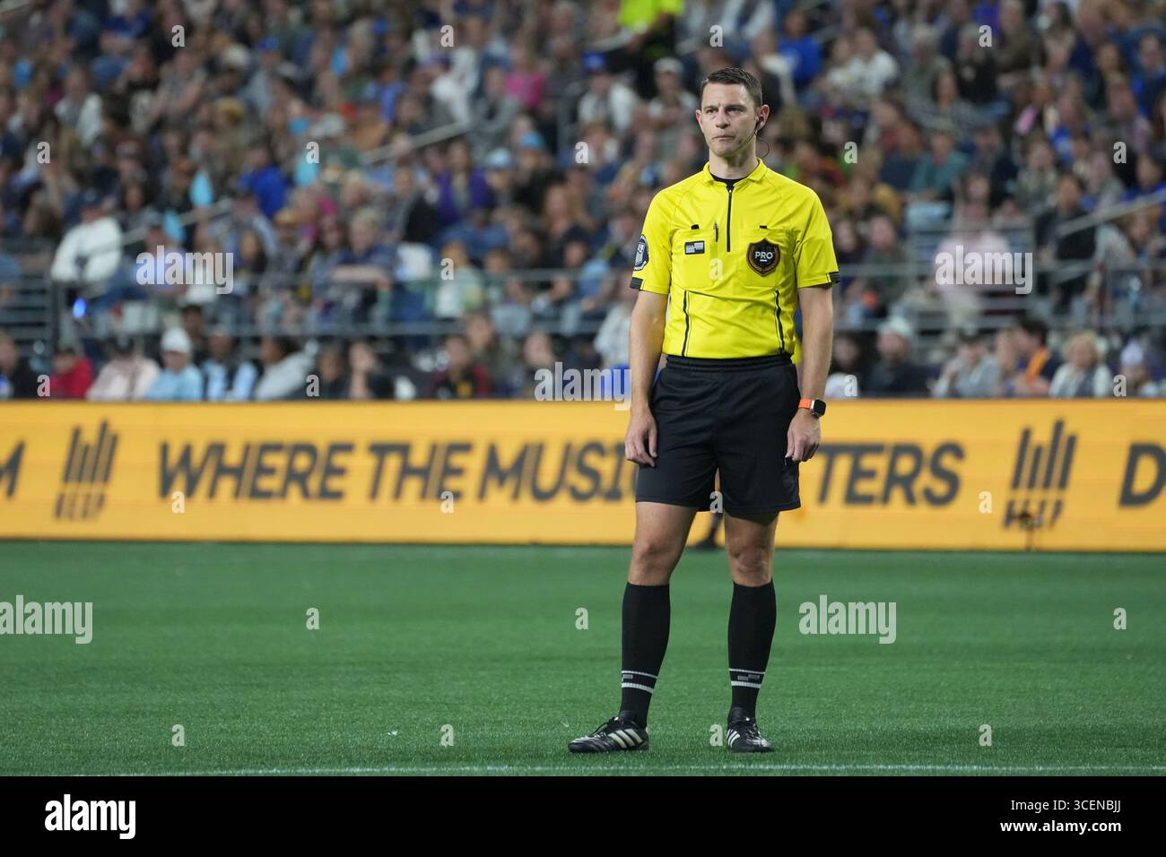 Referee Greg Dopka looks on during the second half of an NWSL match ...