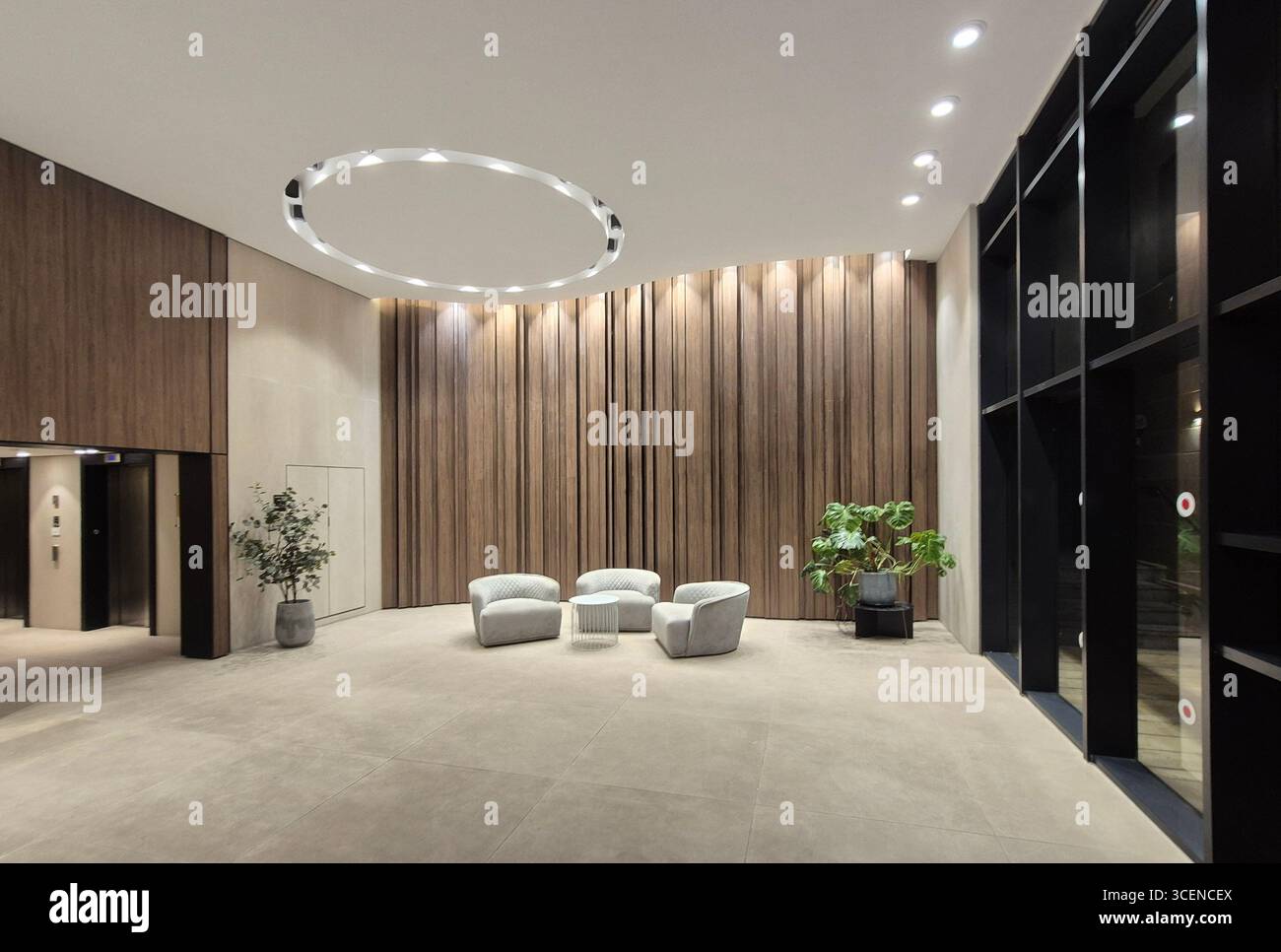 A modern lobby interior features elegant curved chairs, wood-panel ...