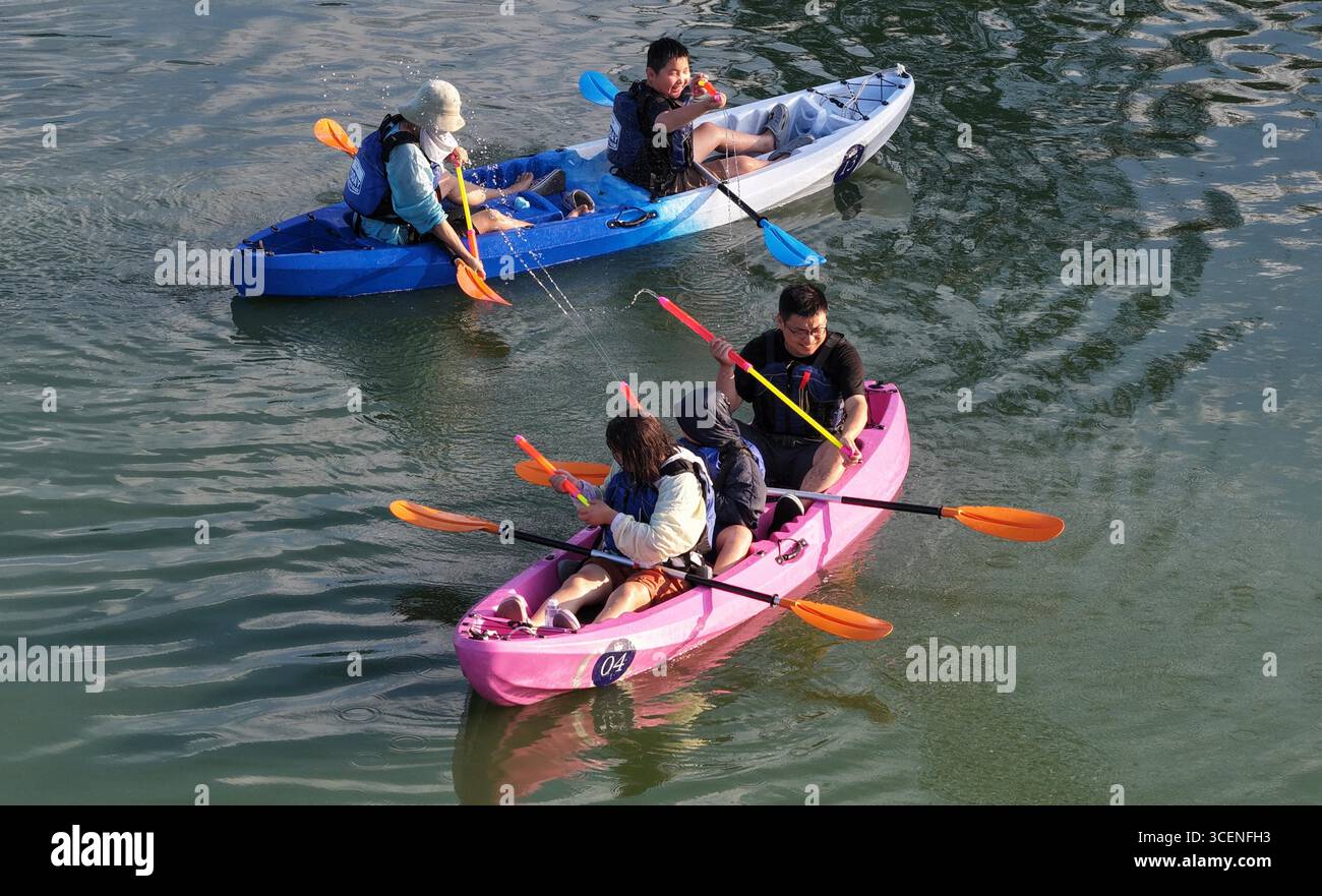 Aerial photo shows people rowing on the water in Yangzhou City, east ...