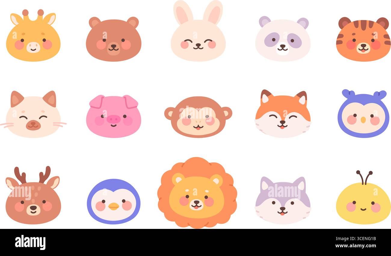 Funny simple animal faces. Isolated cartoon animals avatars. Cute lion ...