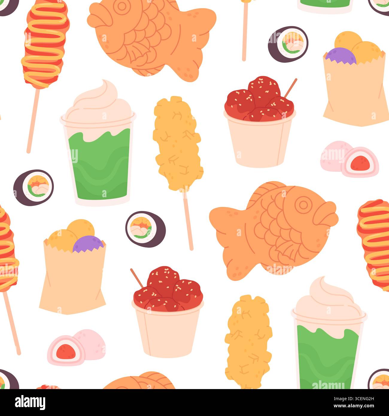 Asian food seamless pattern. Different snacks, sweets and drinks ...
