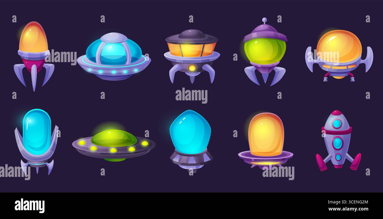 Cartoon ufo ships. Futuristic spaceships with lights. Aliens transport ...