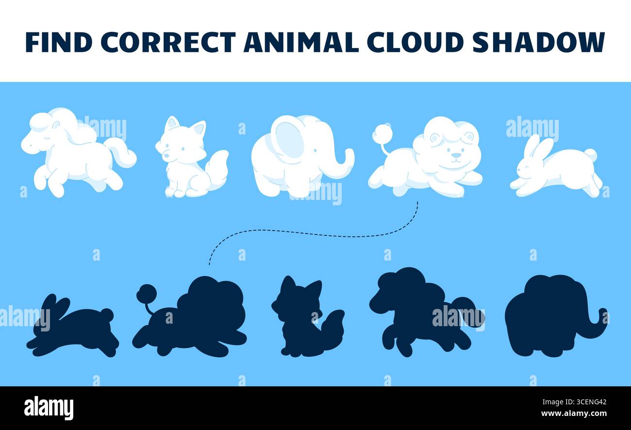 Children puzzle game find correct shadow. Cartoon animals shapes clouds ...