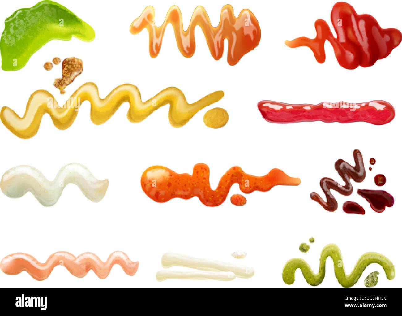 Realistic sauces strips. Different sauce splash drop strip, ketchup ...