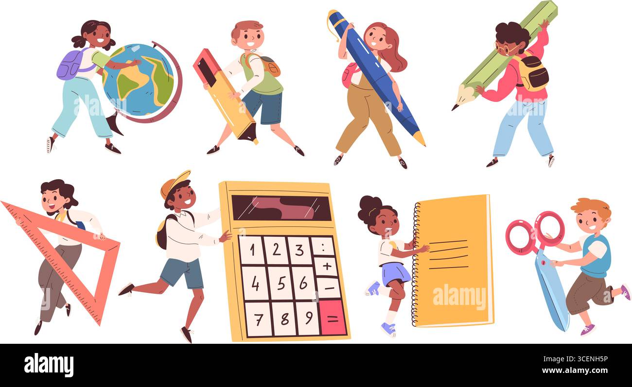 Children big school supplies. Kids hold big giant stationary, cartoon ...
