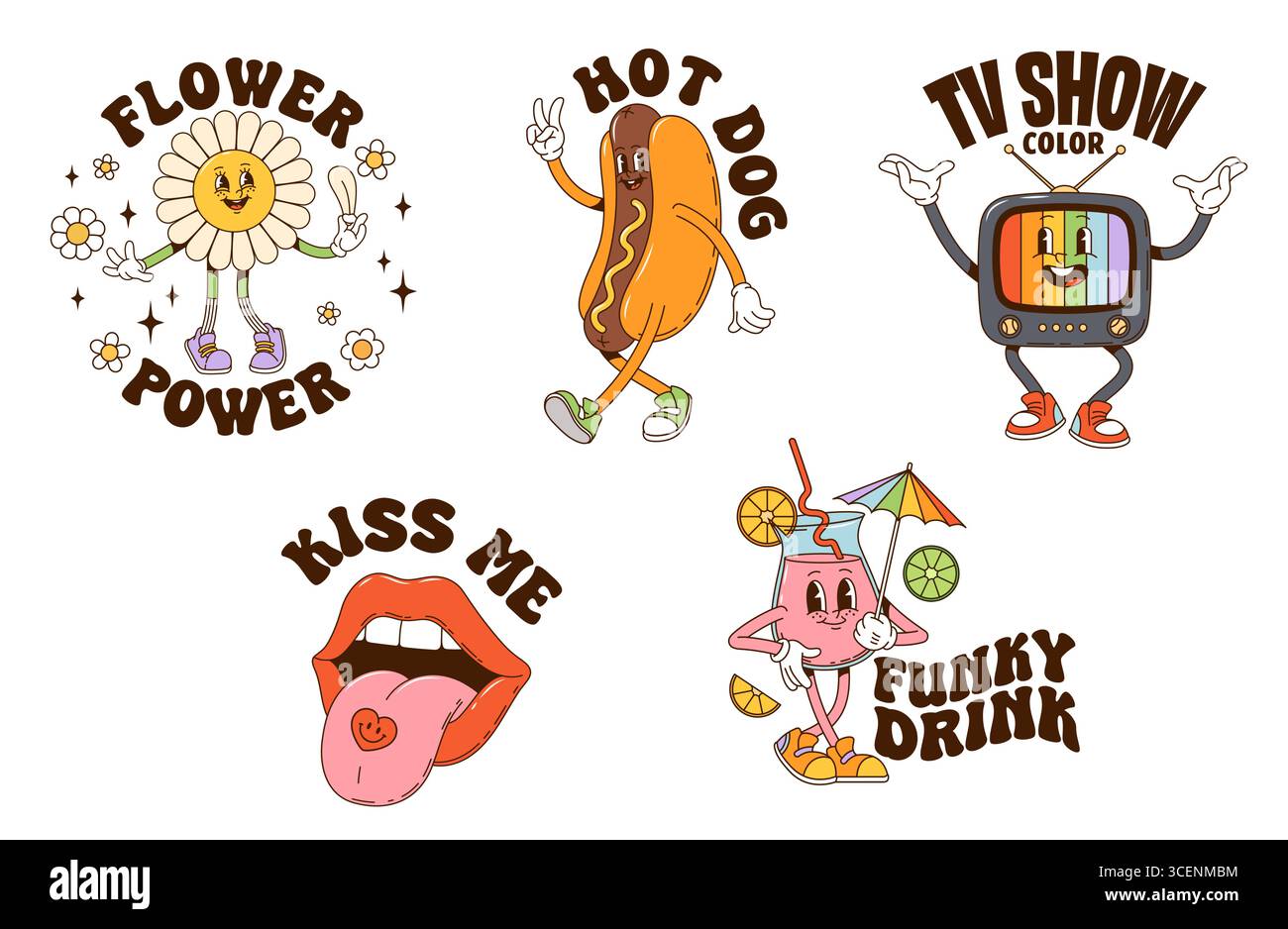 Cartoon y2k groovy stickers. Retro daisy flower, dancing hotdog ...