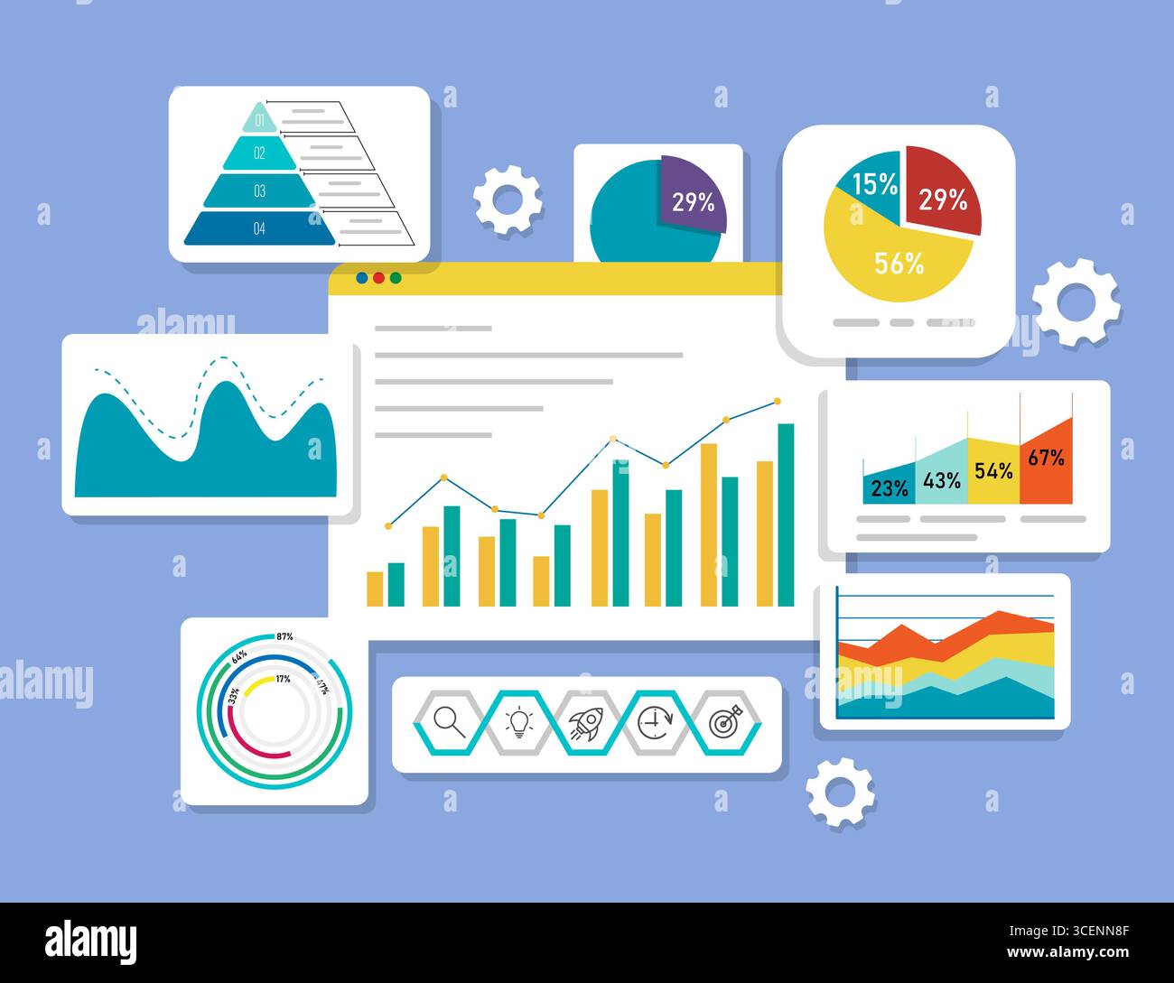 Colorful analytics dashboard illustration with pie charts, bar graphs, and pyramid infographic ...