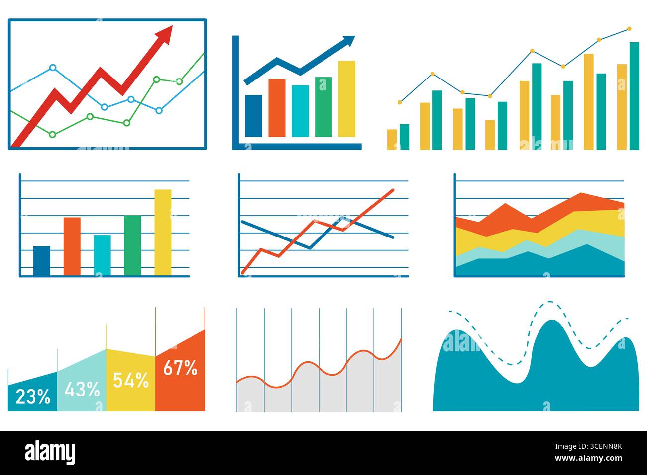 Collection of line graphs, bar charts, and area charts for financial or ...
