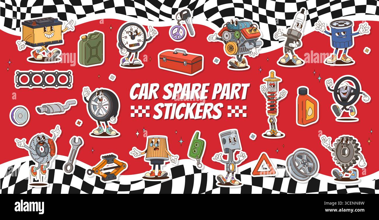 Car spare parts groovy characters stickers. Vector cartoon patches of ...