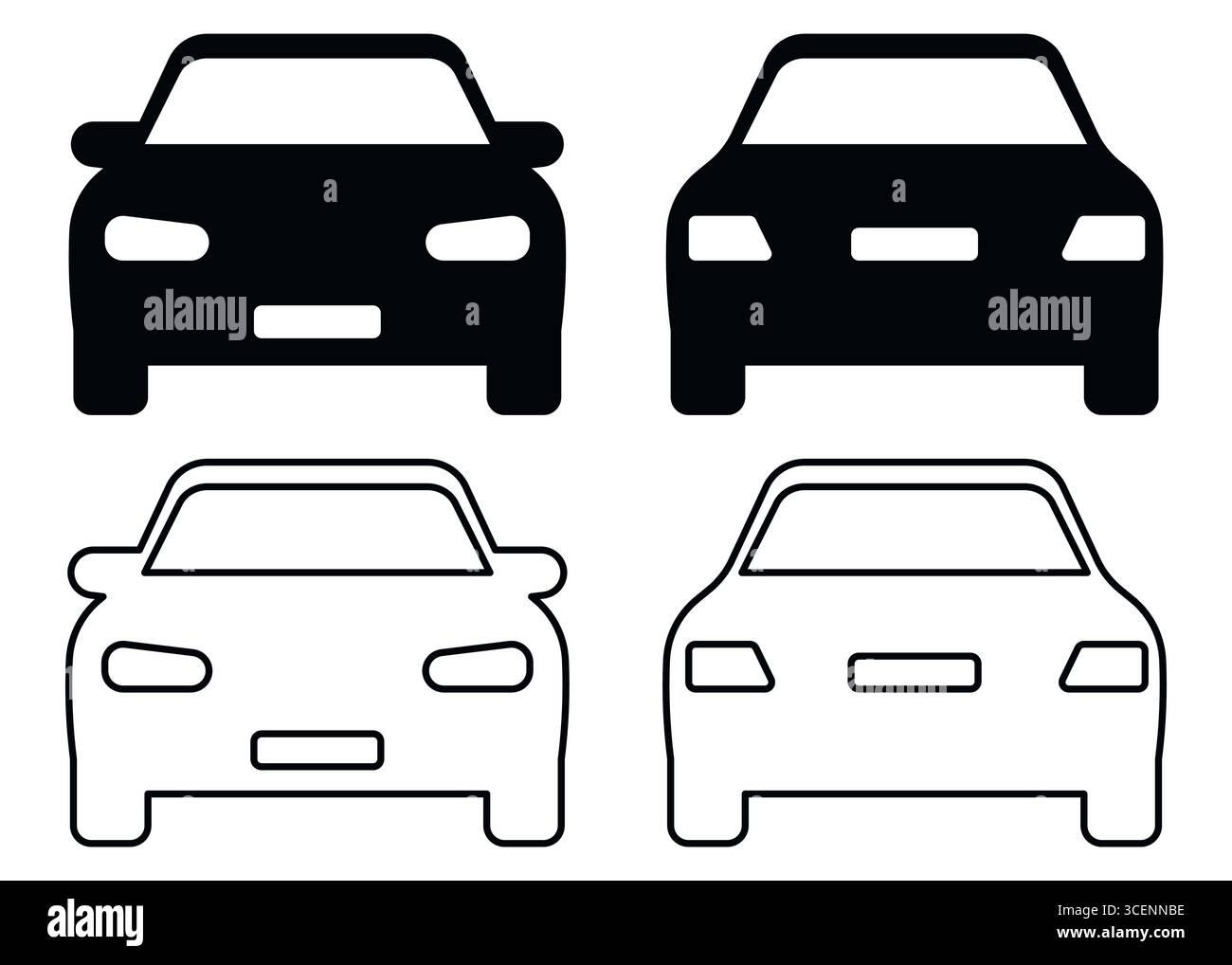 Set of vector icons showing front and rear view of cars in black solid ...