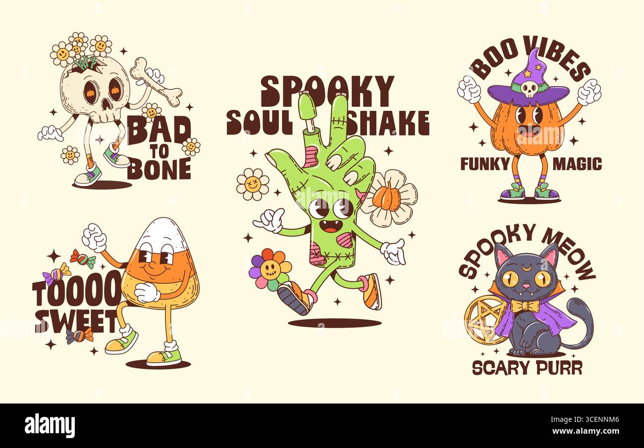 Halloween groovy characters stickers and t shirt prints. Cartoon vector ...