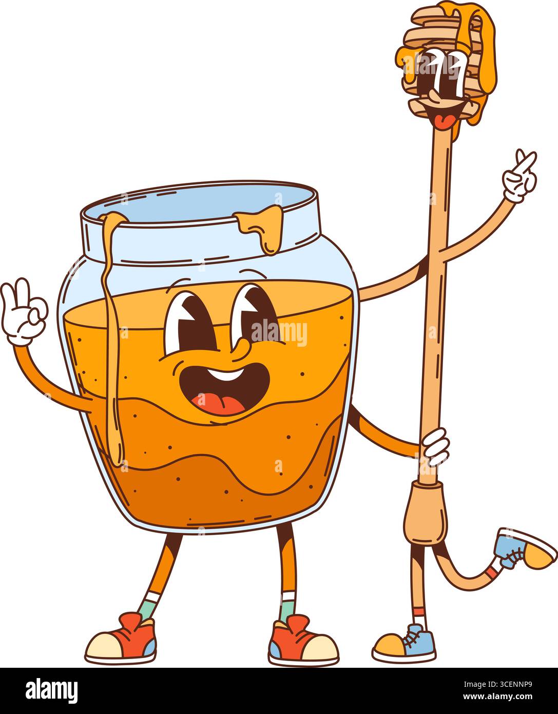 Retro groovy honey jar and dipper happy characters. Apiary or ...