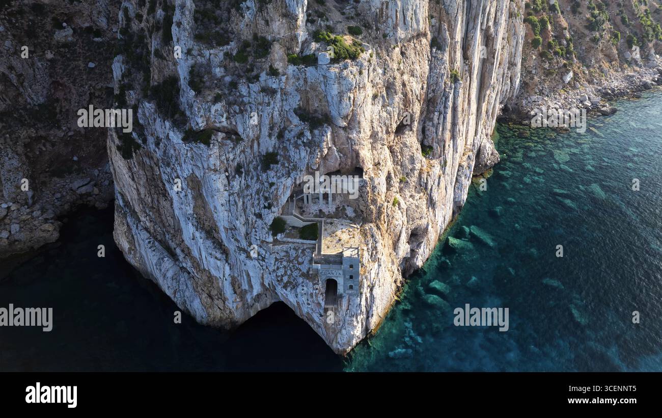 Aerial view of the stark white limestone cliffs plunging into the ...