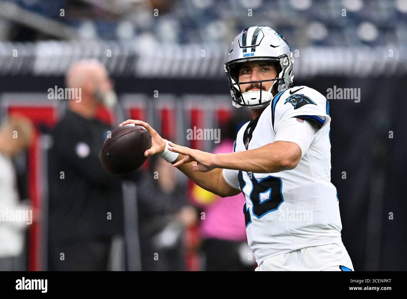 Carolina Panthers quarterback Jack Plummer (16) warms up prior to an ...