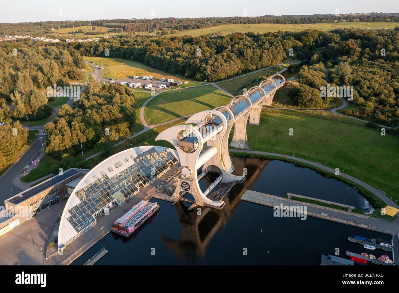 Aerial view of the Falkirk Wheel, a rotating boat lift connecting the ...