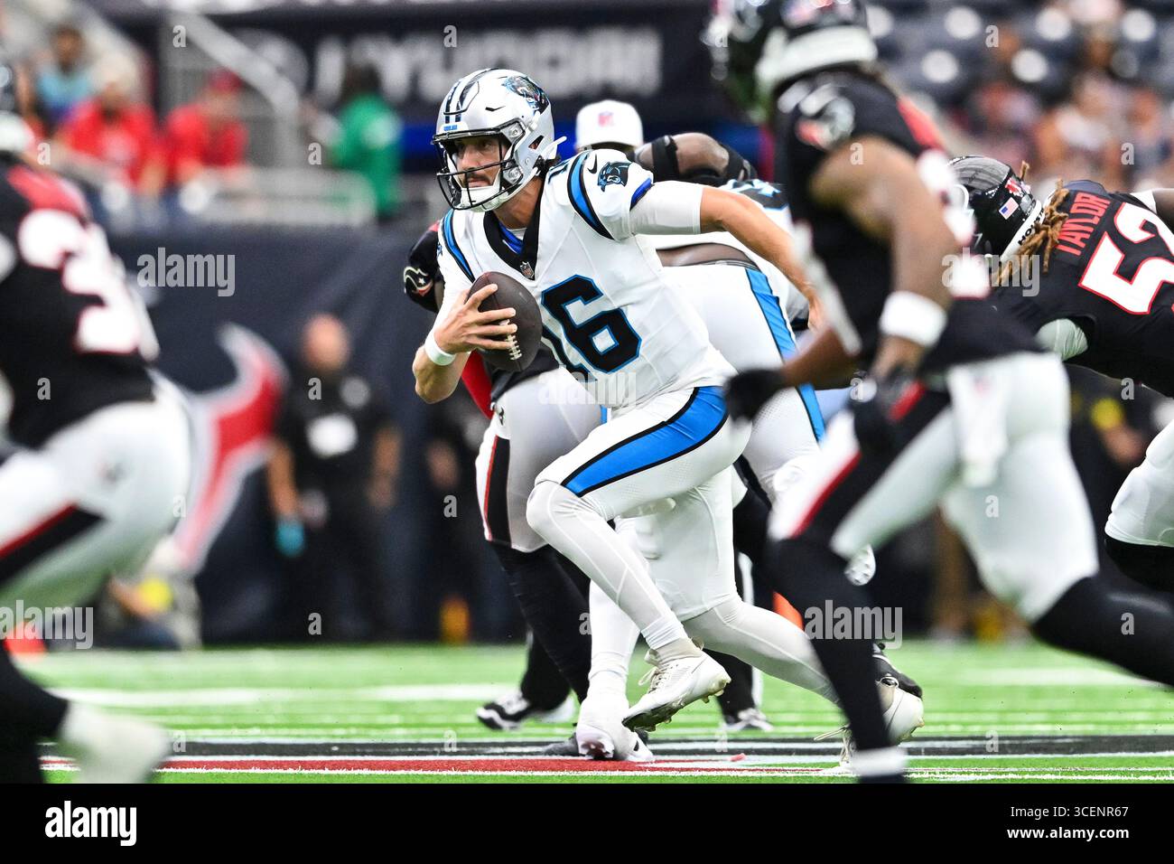 Carolina Panthers quarterback Jack Plummer (16) runs the ball against the Houston Texans during ...