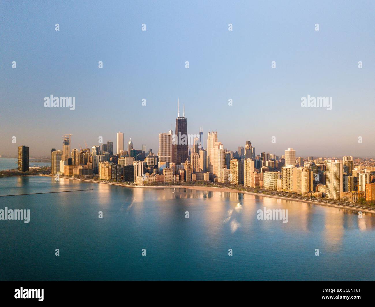 Aerial view of the magnificent Chicago skyline reflecting in the ...