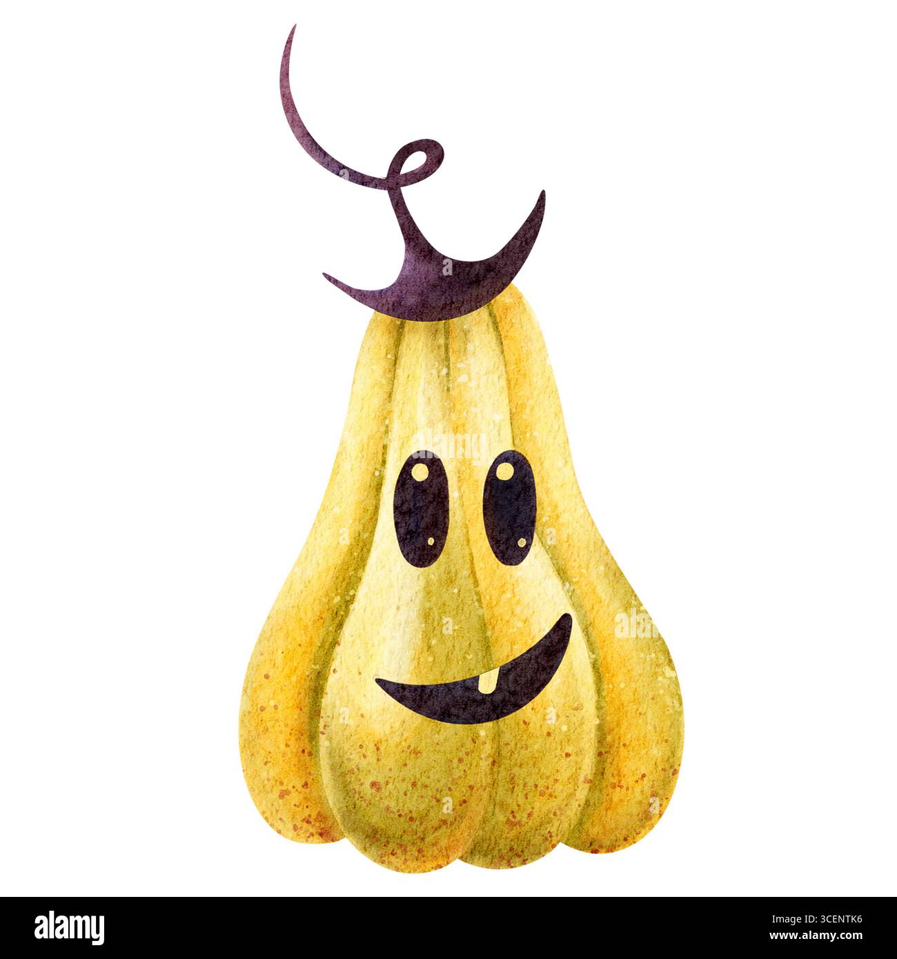 Funny long pumpkin with curly stem, watercolor kids illustration. Hand ...