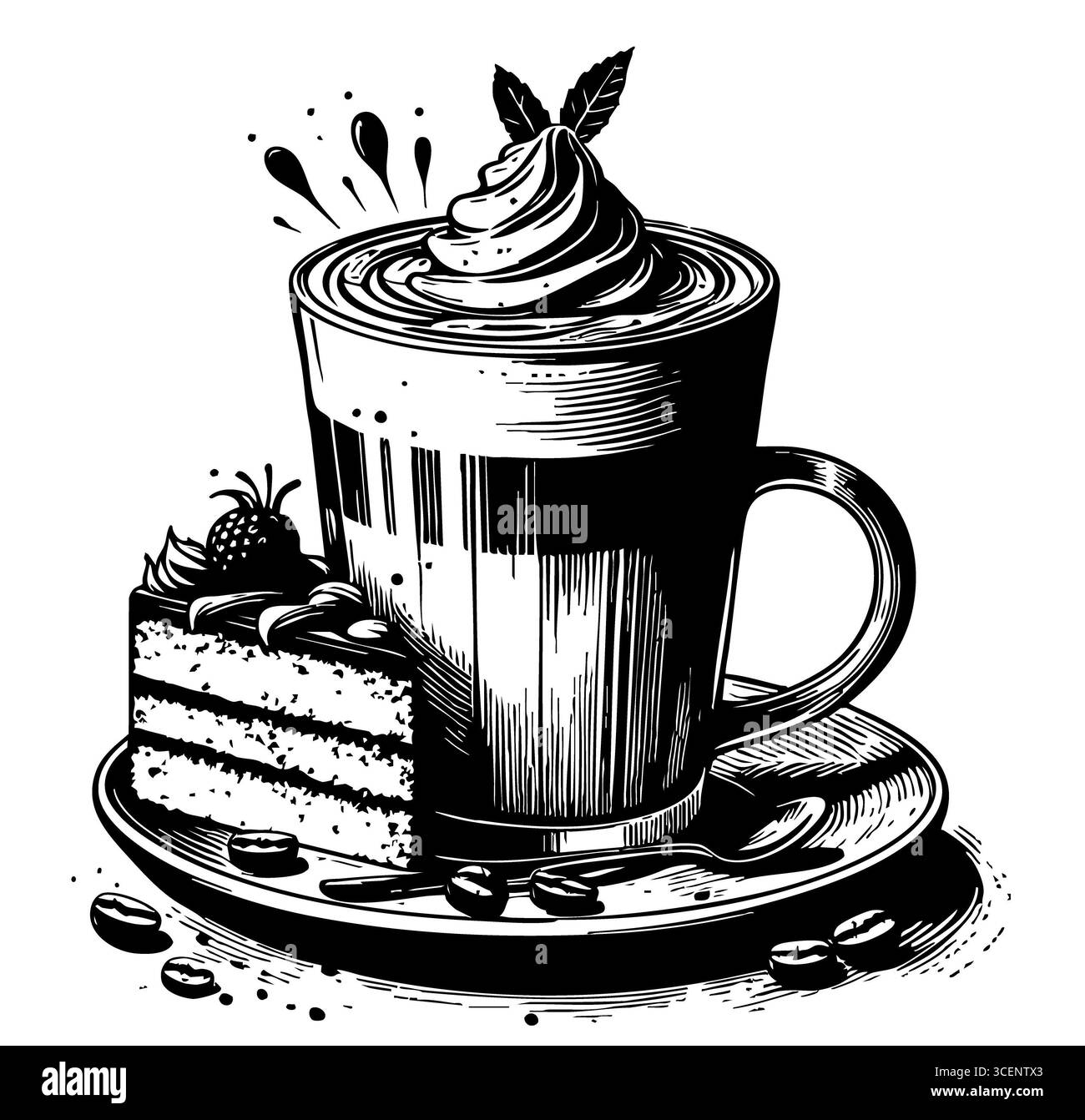 Whipped Cream Coffee and Cake Indulgence. Detailed black and white ...