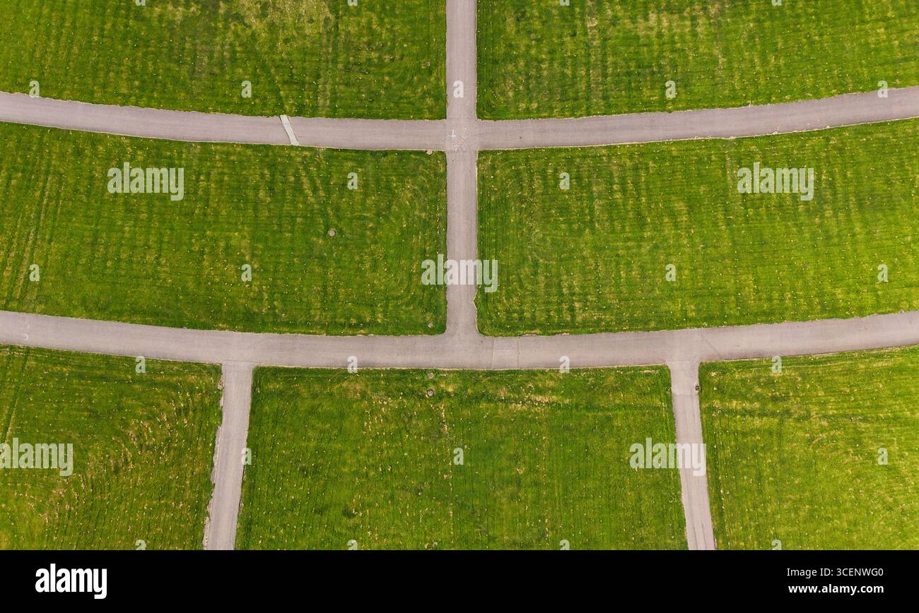 Aerial View of Empty Road Intersection in Green Grass Fields Stock ...