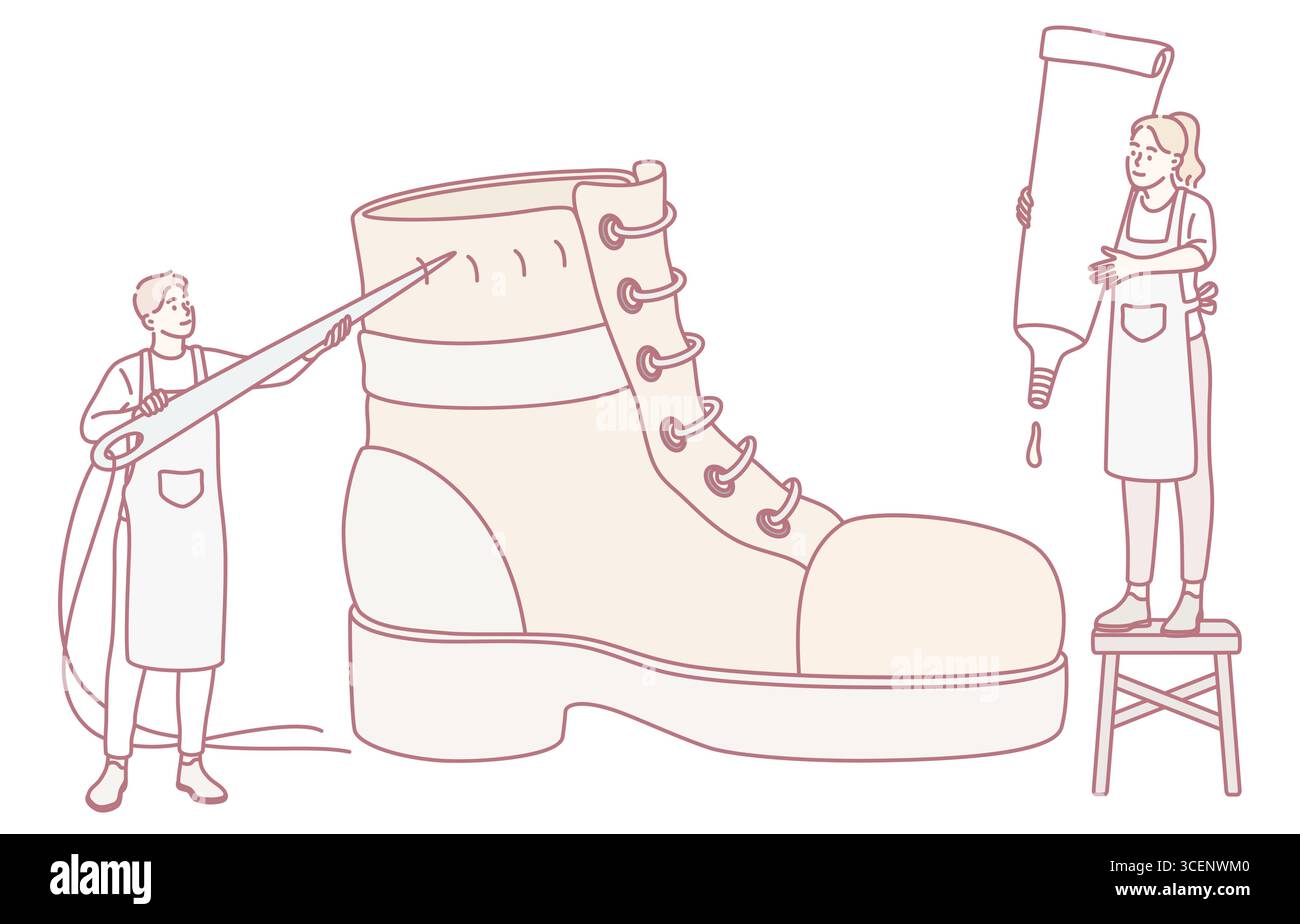 An illustration showing artists collaborating to create a giant boot ...