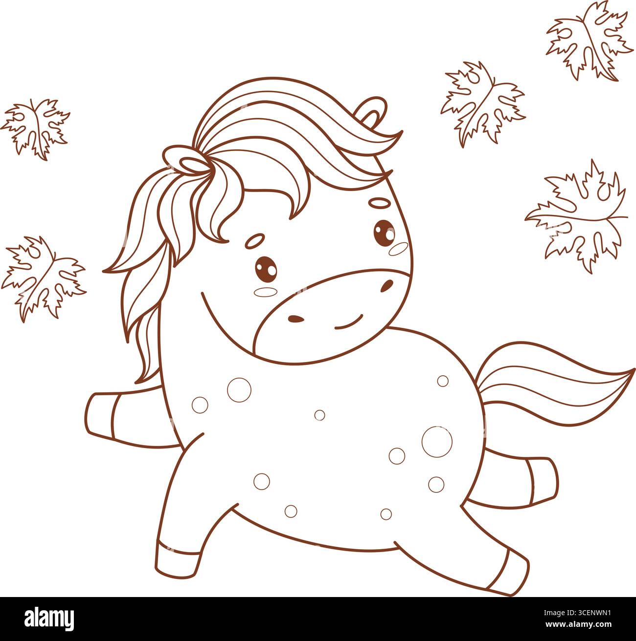 Outline Cute Playful Horse with Falling Autumn Maple Leaves. Funny ...