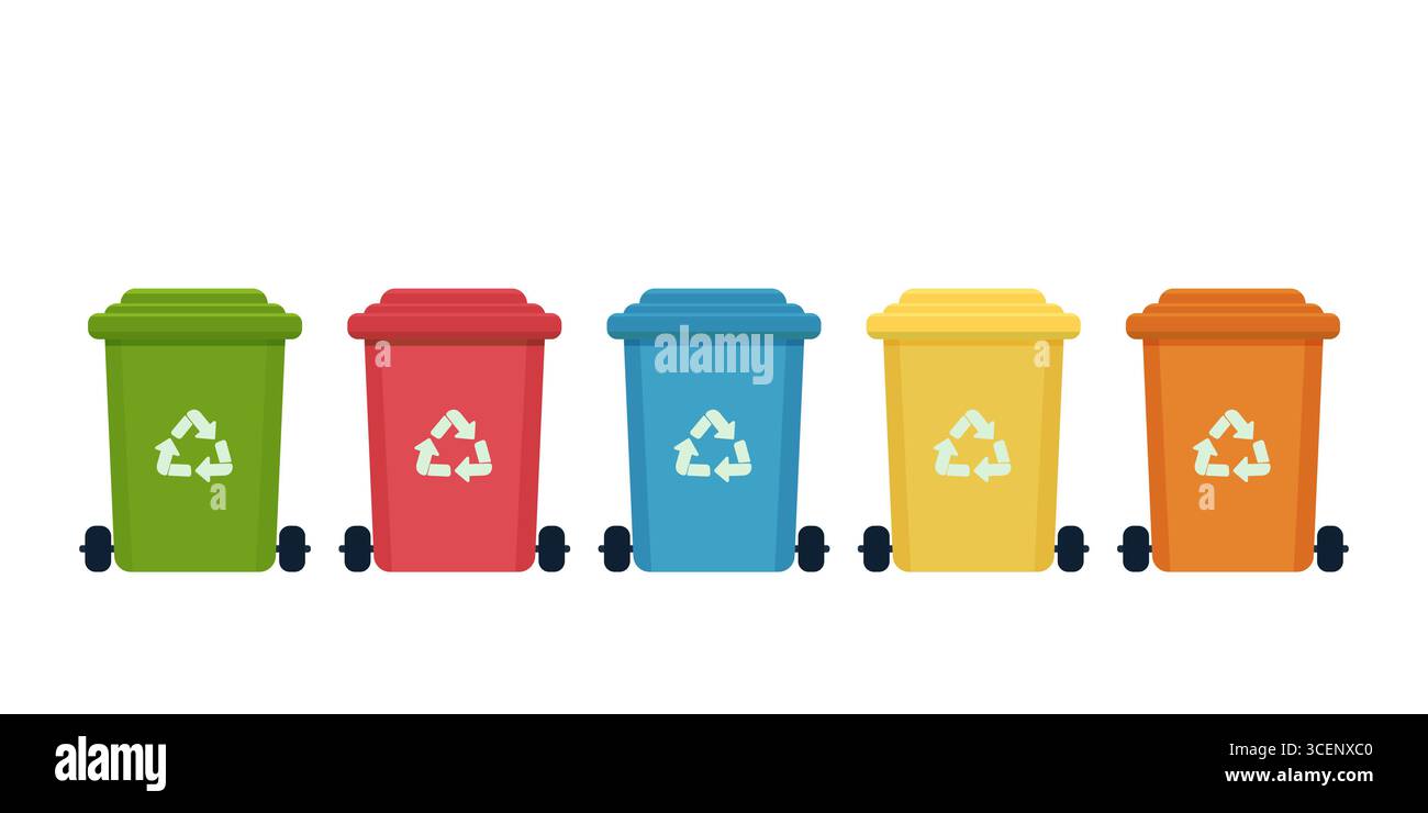 Multi colored trash cans isolated on white background. Waste bins with ...