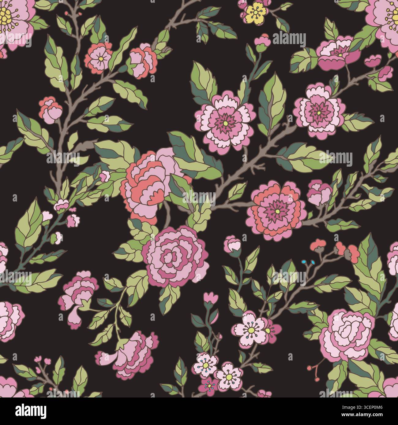 Pink flowers on black Stock Vector Images - Alamy