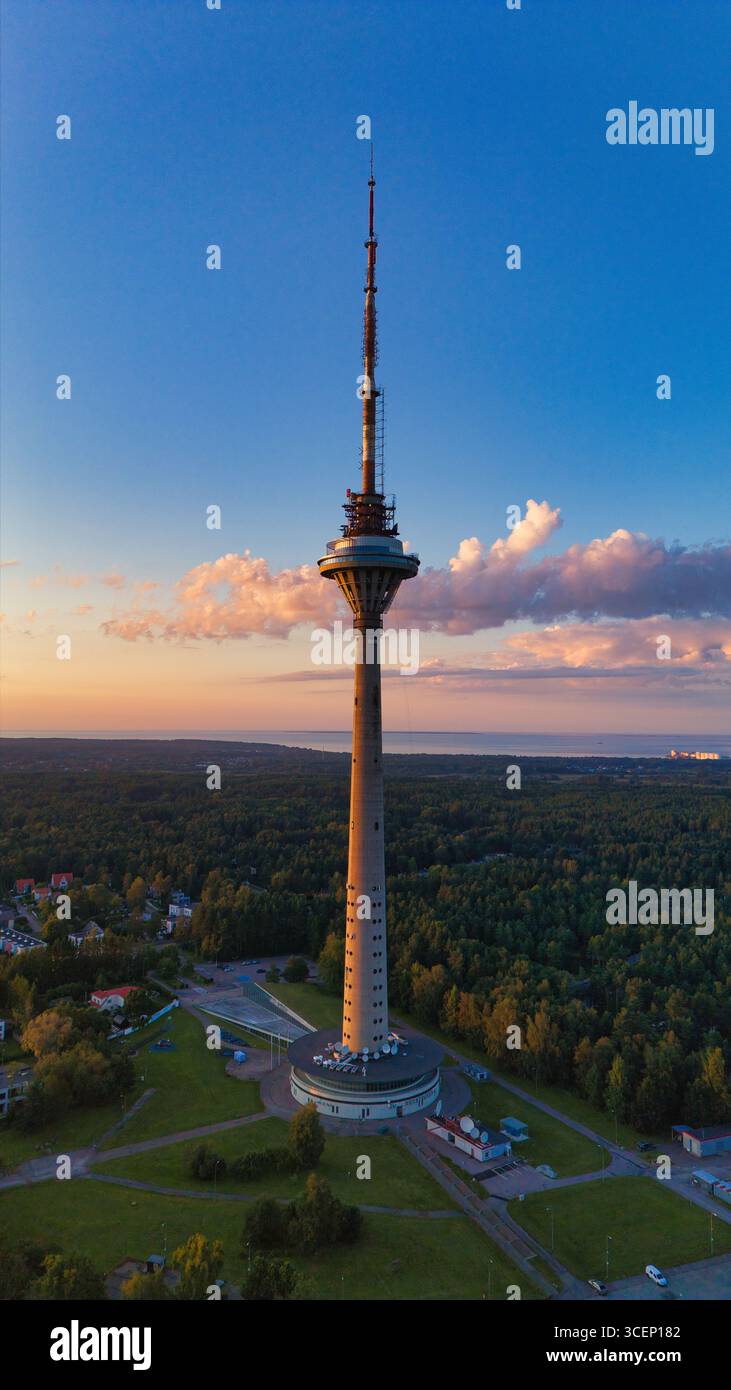 Drone View of Tallinn TV Tower at Sunset - Estonia Landmark Stock Photo ...