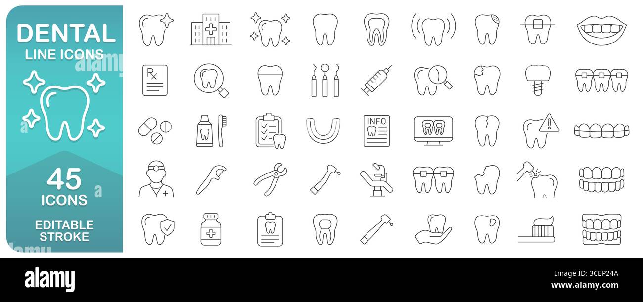 Dental Line Icons Set With 45 Editable Stroke Designs. Thin Line ...