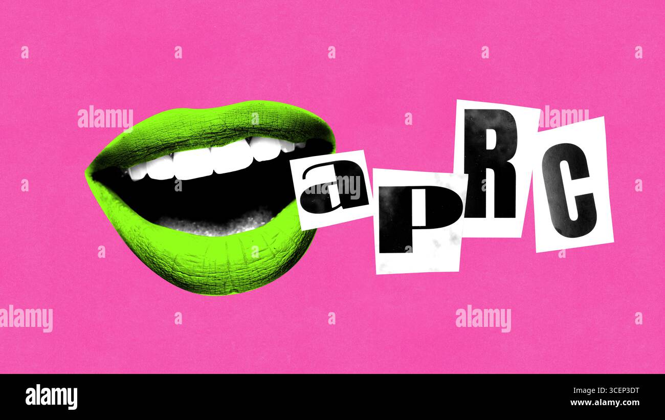 Bright collage. Green lips shouting letters cutout collage on pink ...