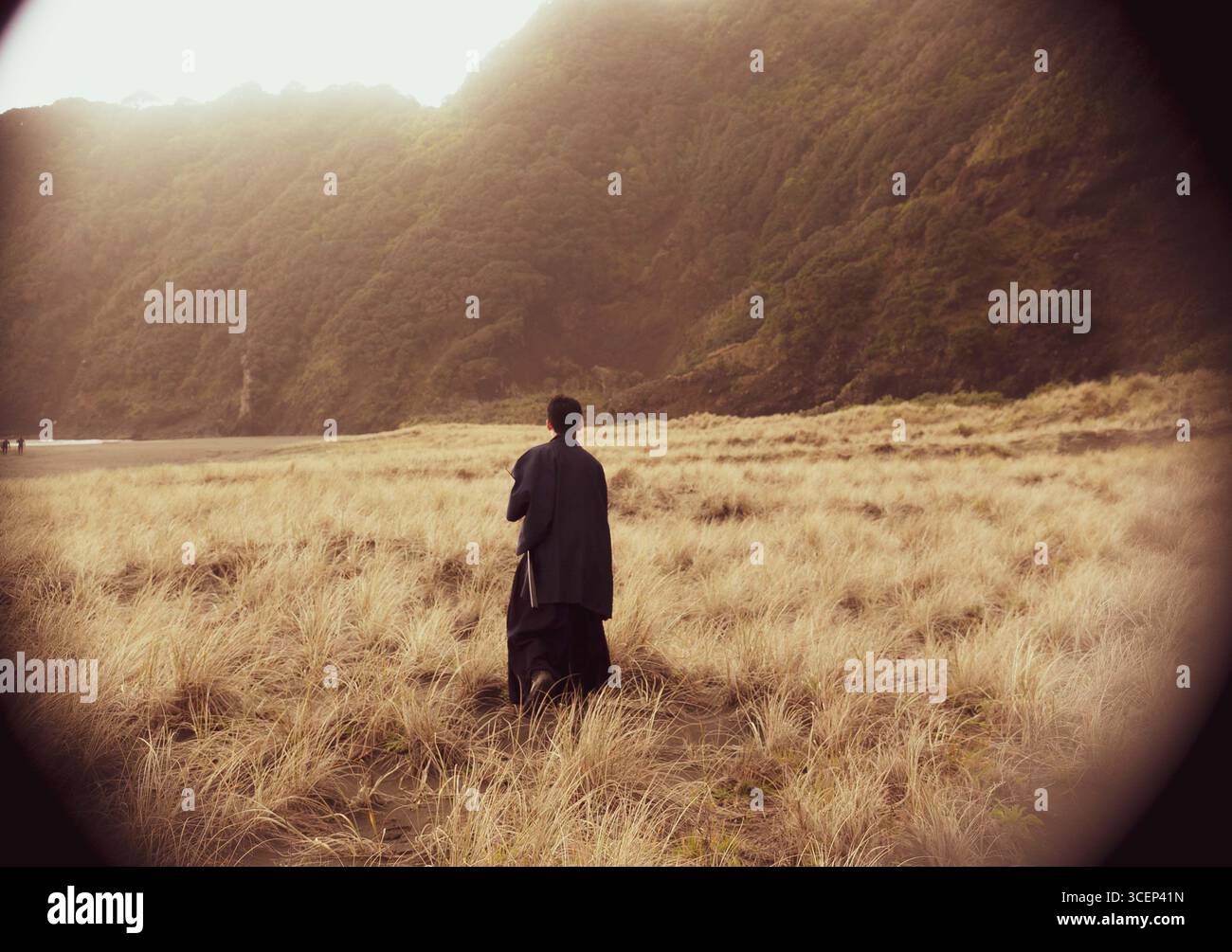A samurai in blue kimono is walking through lush field at sunset time ...