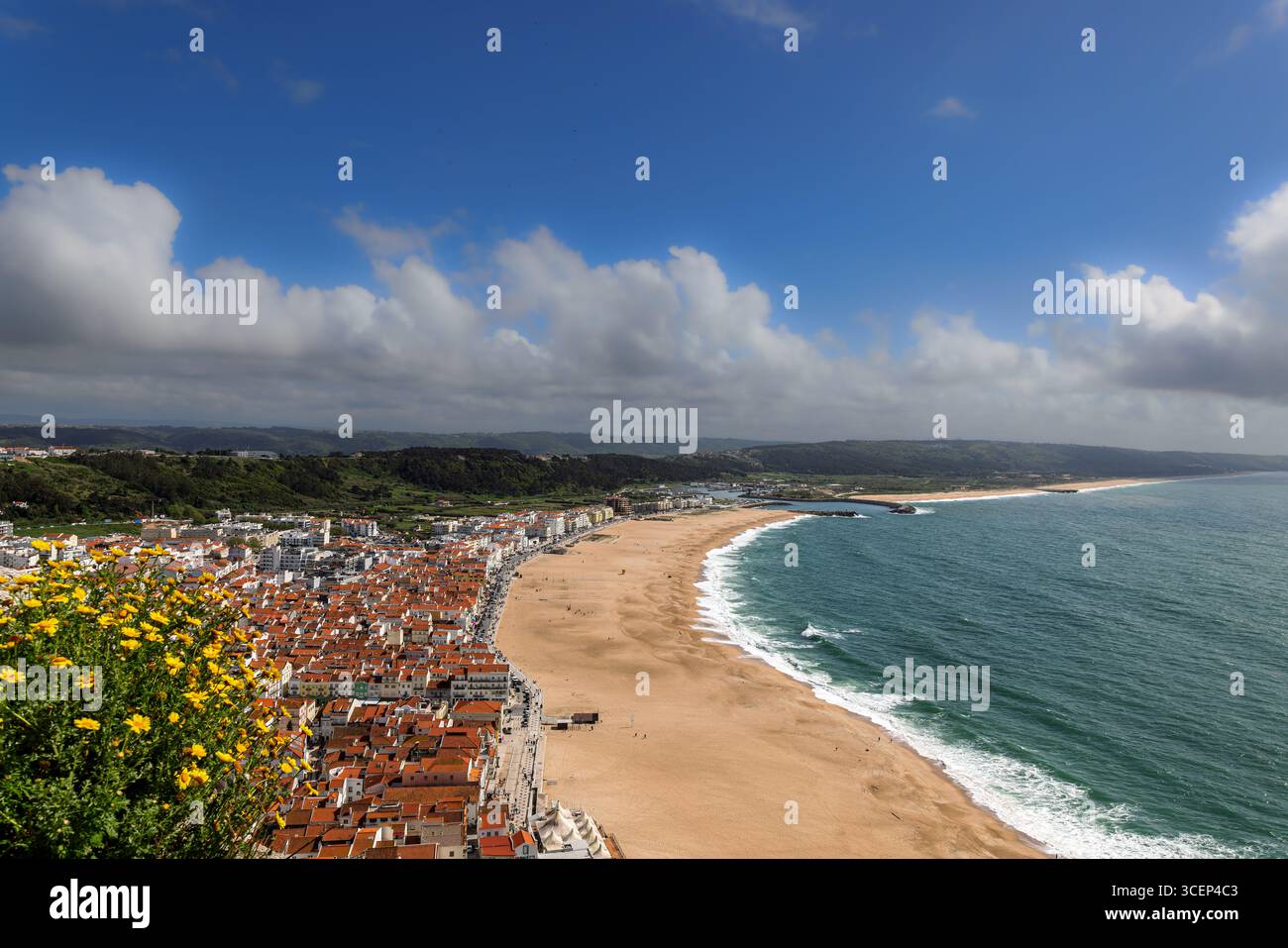 View onto the beach and town of Nazare, Portugal Stock Photo - Alamy