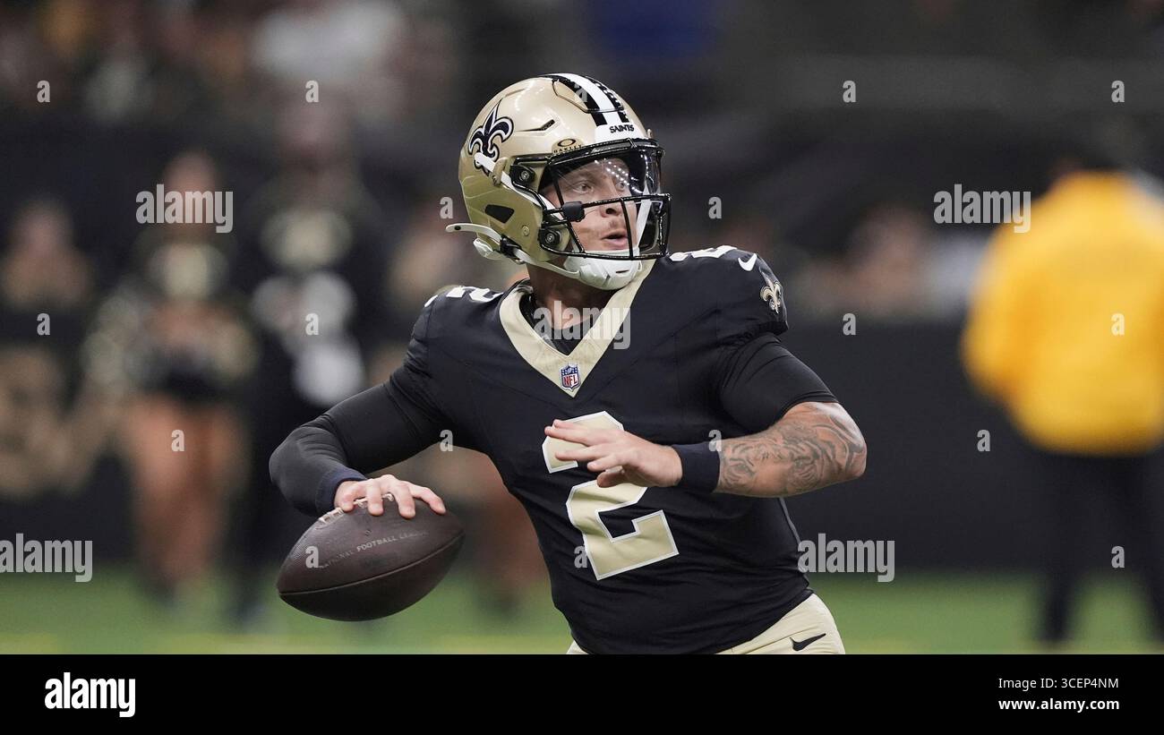 New Orleans Saints quarterback Spencer Rattler (2) passes during an NFL ...