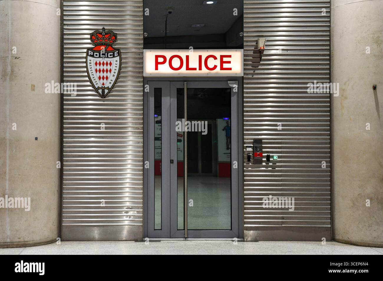 Exterior of a police department in the railway station. The Monegasque ...