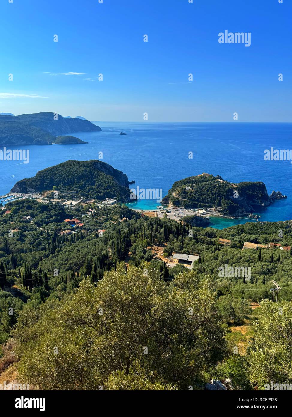 View over Paleokastritsa from the village of Lakones, Corfu, Greece ...