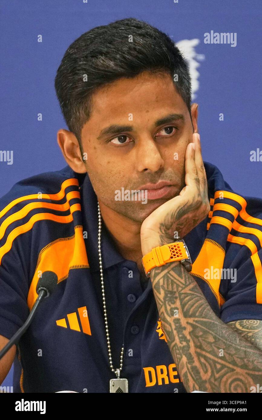 Indian Mens T20 Captain Suryakumar Yadav looks on during the press ...