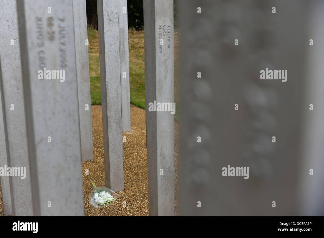A floral tribute is seen left at the 7 July Memorial, a permanent ...